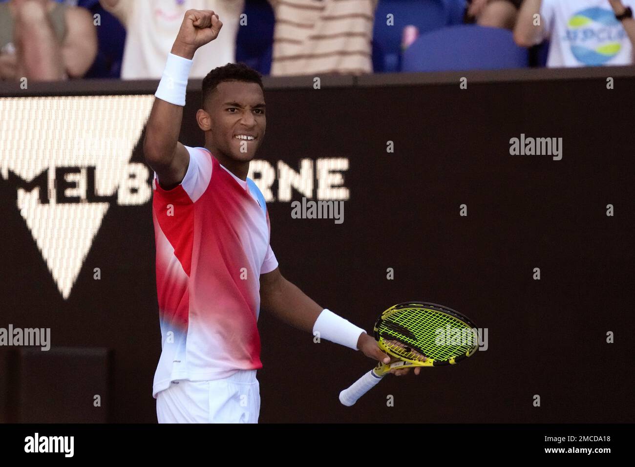 Felix Auger-Aliassime of Canada reacts after winning a point against Alejandro Davidovich Fokina ...