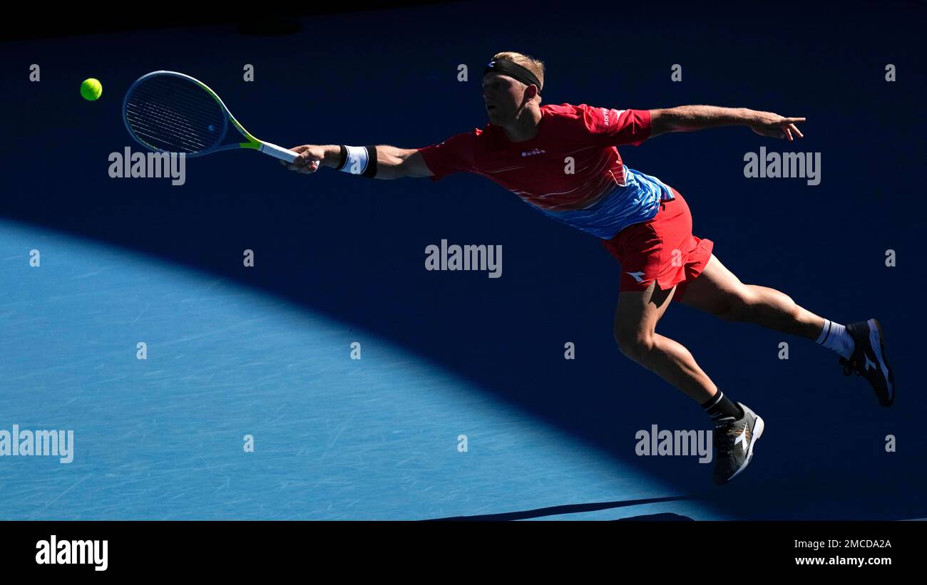 Alejandro Davidovich Fokina of Spain plays a forehand return to Felix Auger-Aliassime of Canada ...