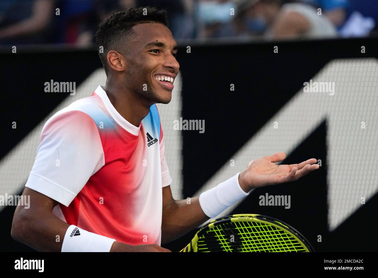 Felix Auger-Aliassime of Canada gestures during his second round match against Alejandro ...