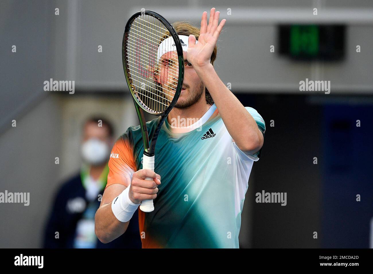 Stefanos Tsitsipas of Greece reacts after defeating Sebastian Baez of ...