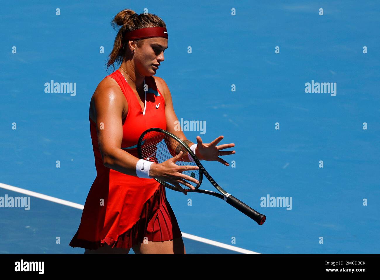 Aryna Sabalenka of Belarus bounces her racket during her second round ...