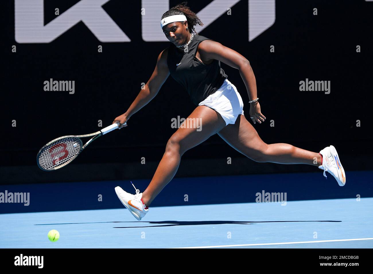 Hailey Baptiste of the U.S. plays a forehand return to Maddison Inglis ...