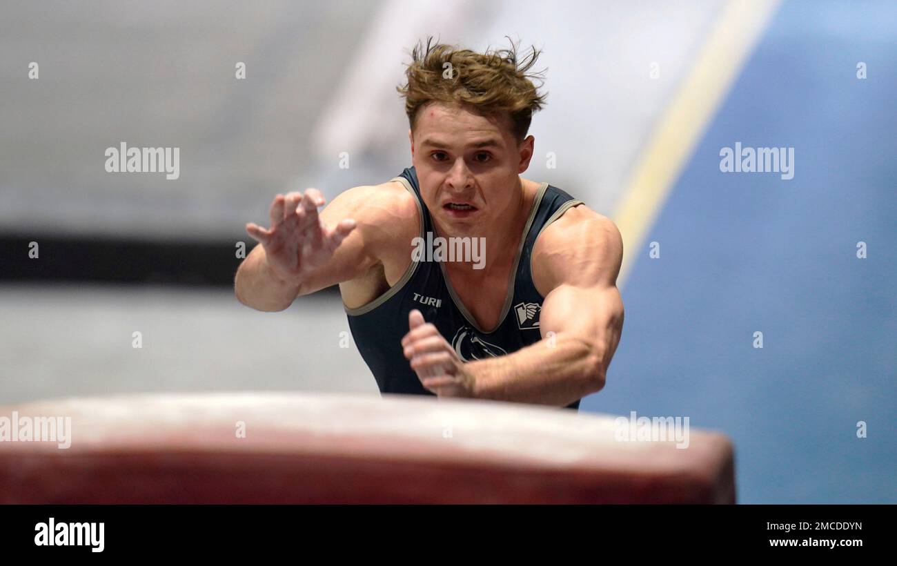 Penn State's Colin Wingrove performs on the vault during an NCAA ...