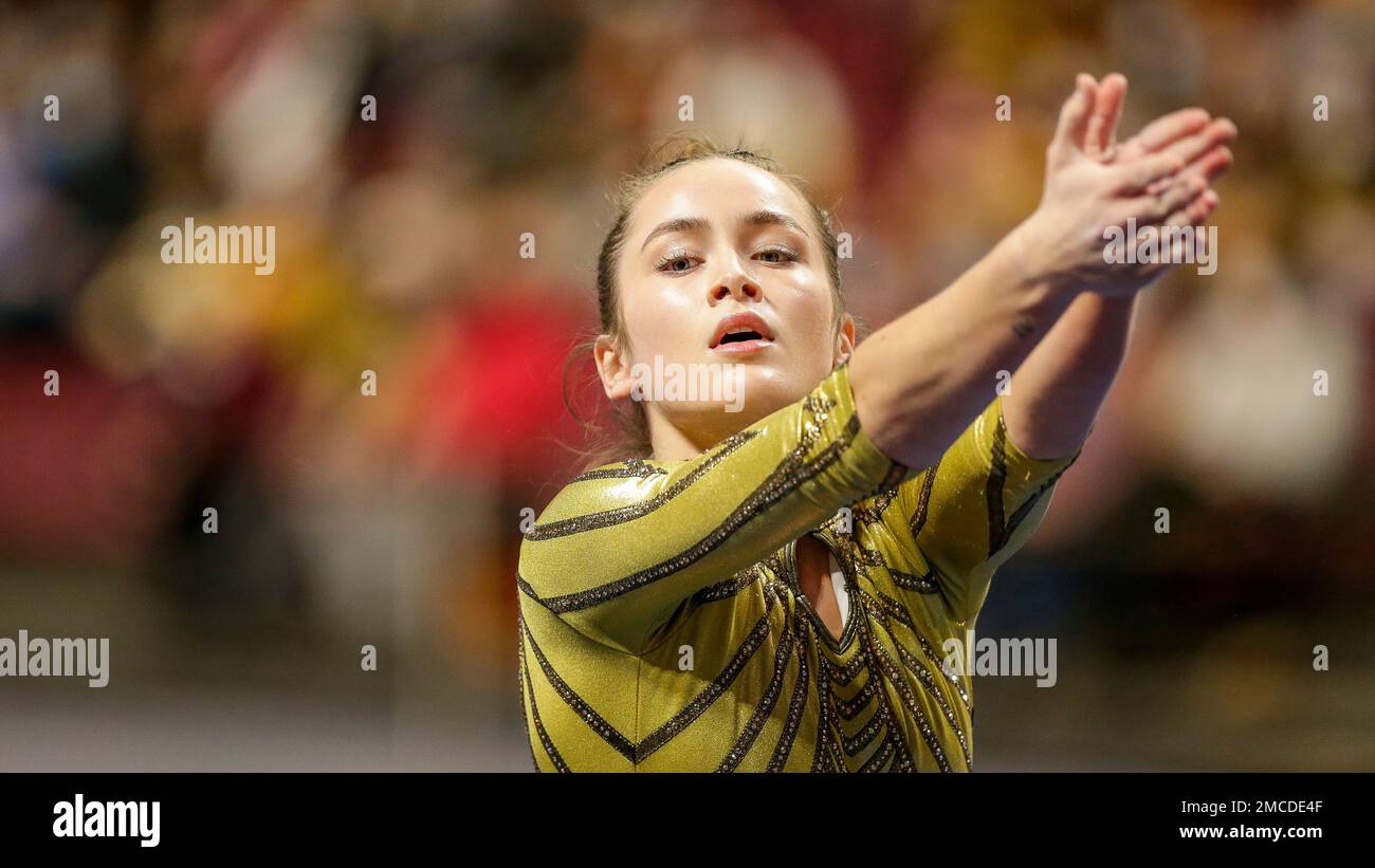 UCLA's Nora Flatley competes in floor exercise during an NCAA ...