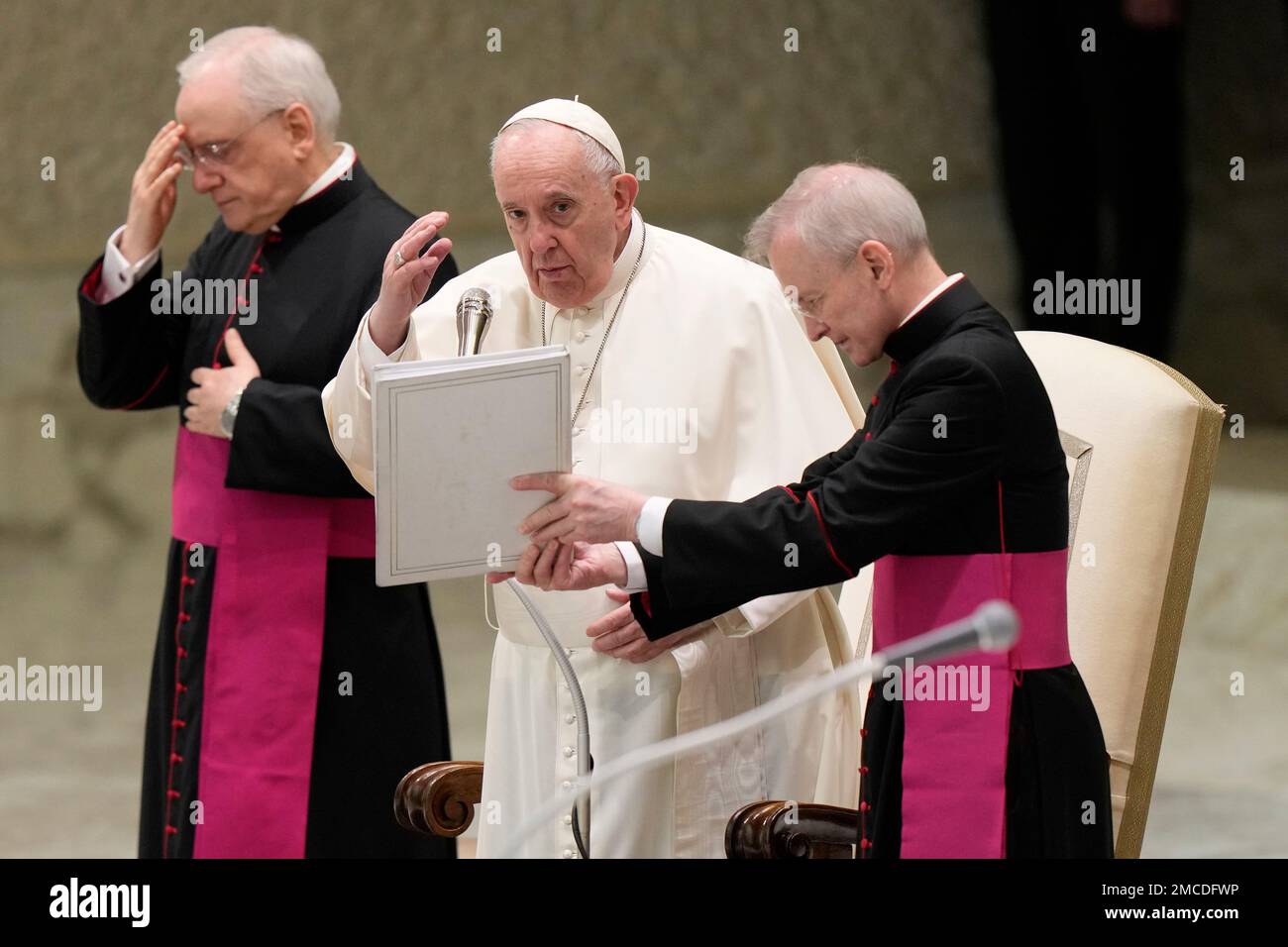 Pope Francis delivers his blessing during the weekly general audience ...