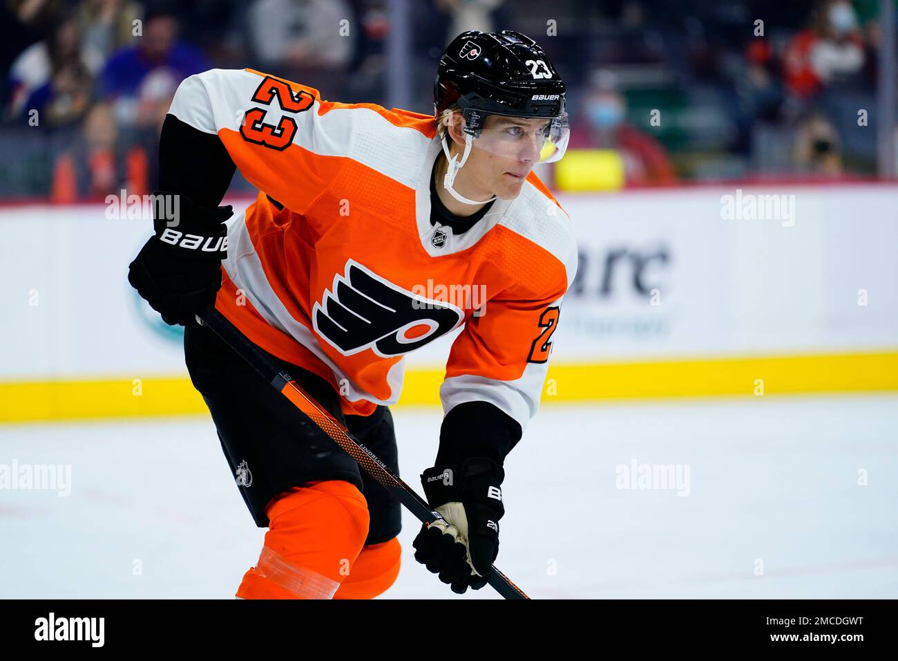 Philadelphia Flyers' Oskar Lindblom plays during an NHL hockey game ...