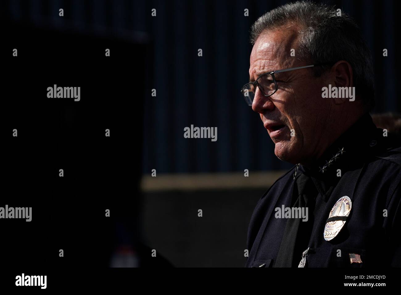 Los Angeles Police Department Chief Michel Moore speaks at a news ...