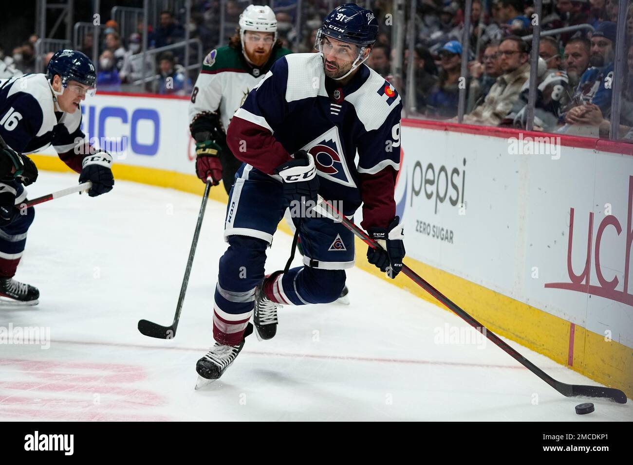 Colorado Avalanche center Nazem Kadri (91) skates against the Arizona ...