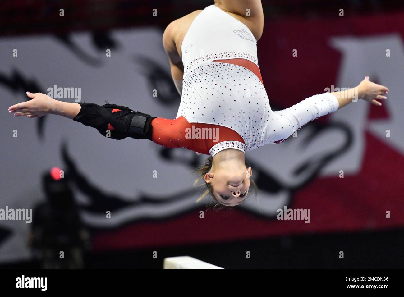 Arkansas gymnast Amanda Elswick performs on the beam against Auburn ...