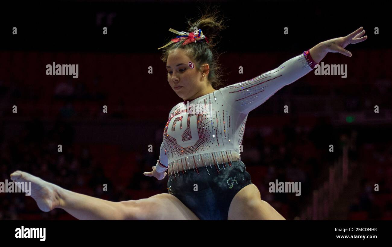 Oklahoma Sooner gymnast Jenna Dunn performs during an NCAA gymnastics ...