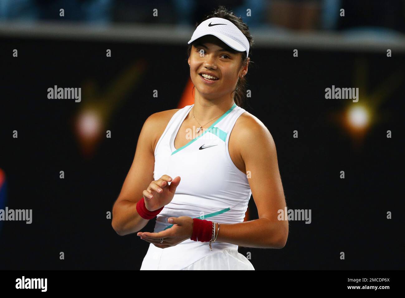 Emma Raducanu of Britain reacts after defeating Sloane Stephens of the ...