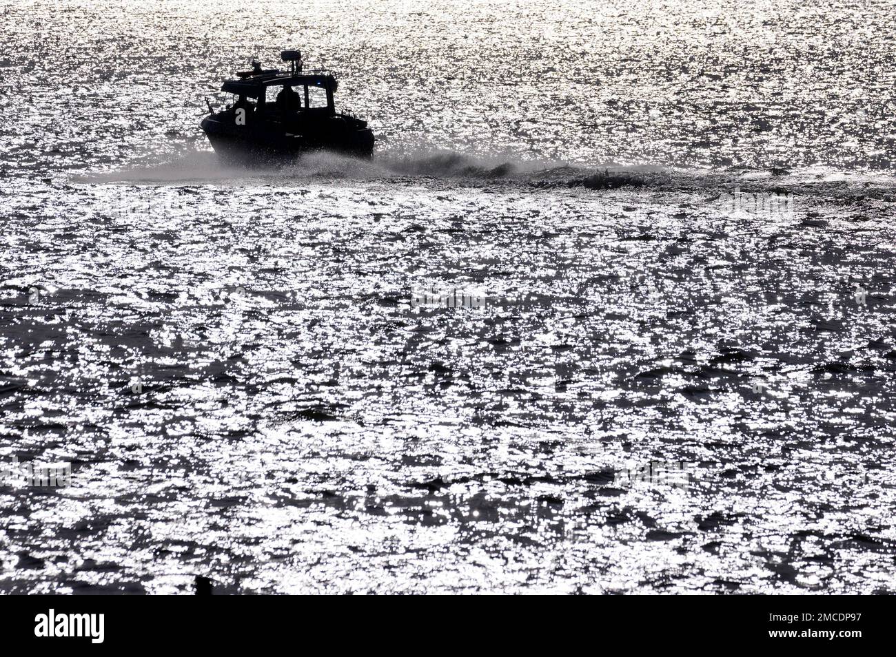 A Serbian police boat cruises on Sava river in Belgrade, Serbia ...