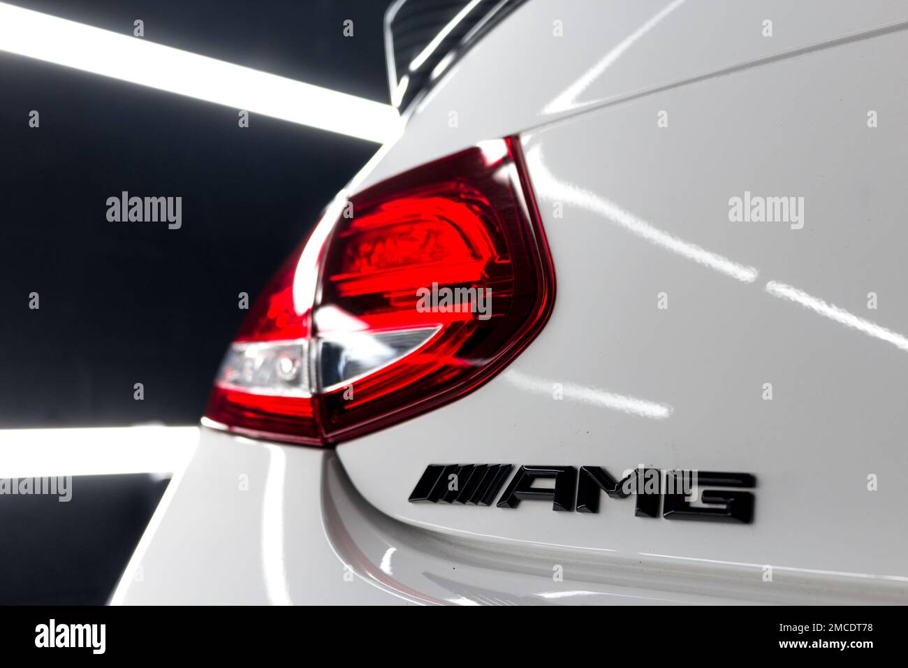 The Gloss Black AMG Badge On The Boot lid Of A White 2016 Mercedes C63s ...