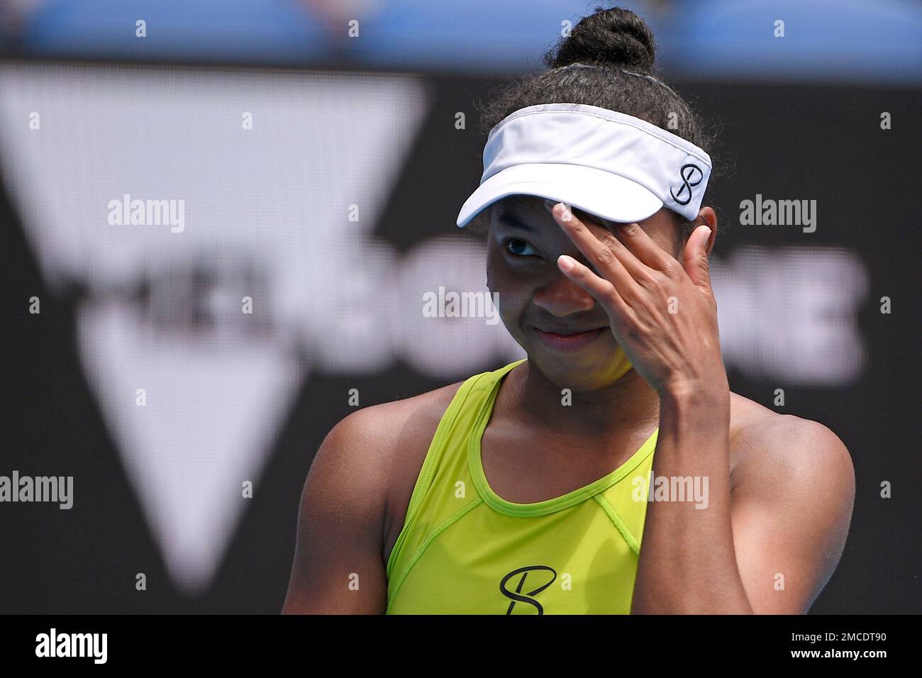 Robin Anderson of the U.S. reacts during her first round match against ...
