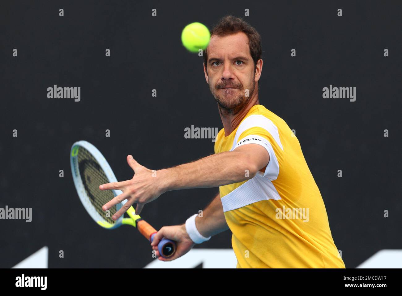 Richard Gasquet of France plays a forehand return to compatriot Ugo ...