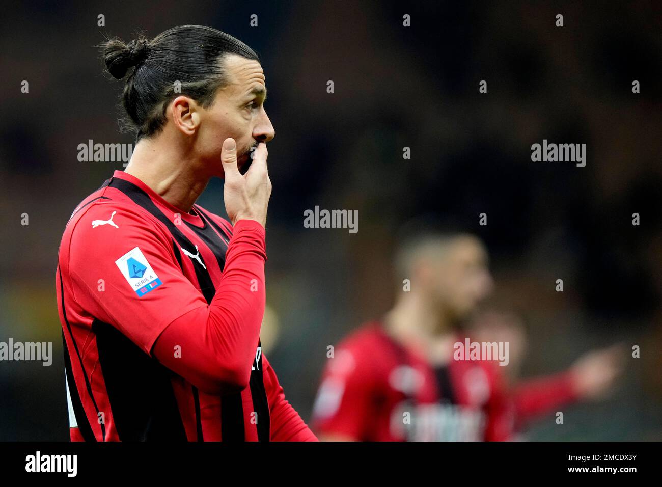 AC Milan's Zlatan Ibrahimovic reacts during a Serie A soccer match ...