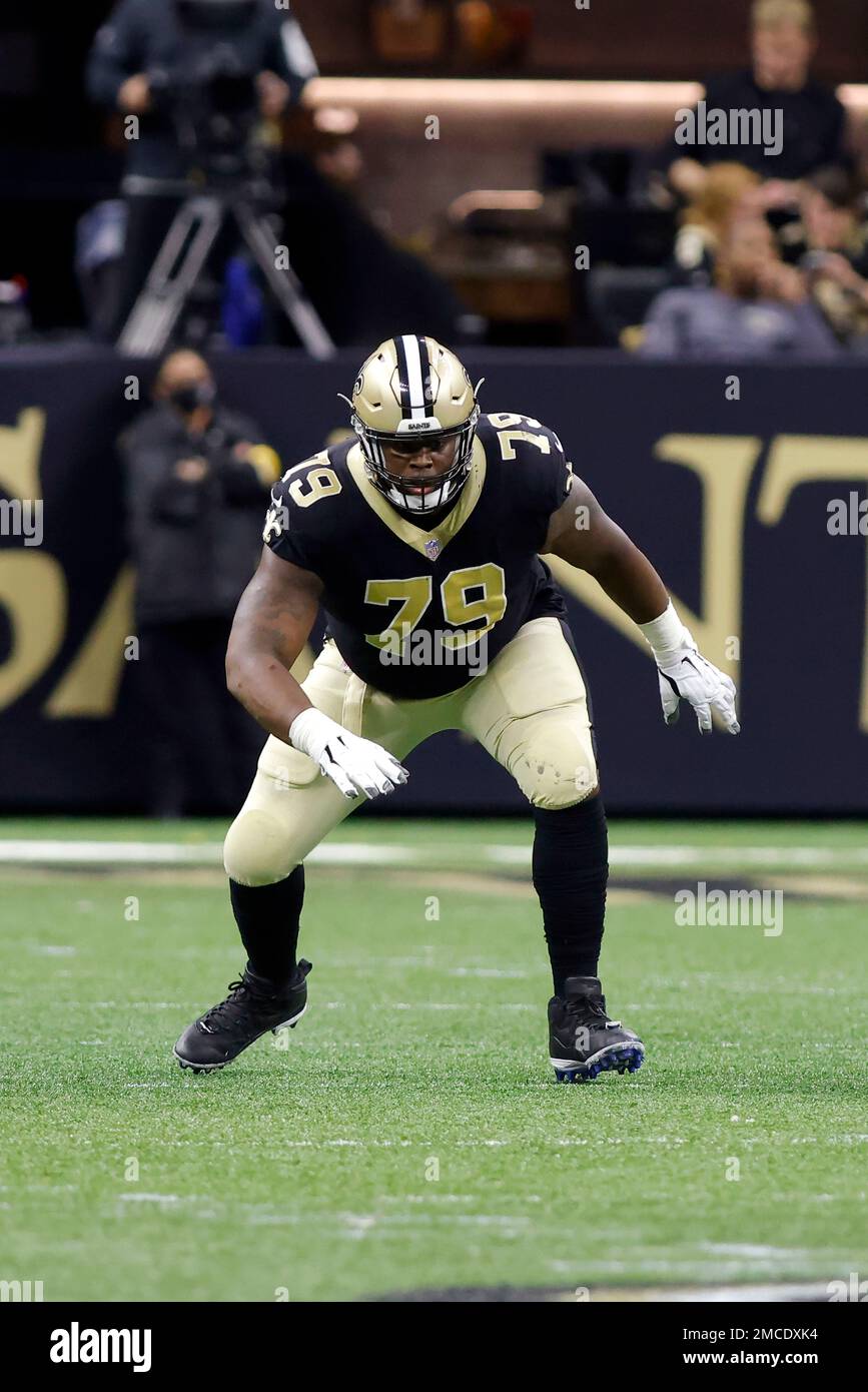 New Orleans Saints offensive tackle Jordan Mills (79) in action during ...