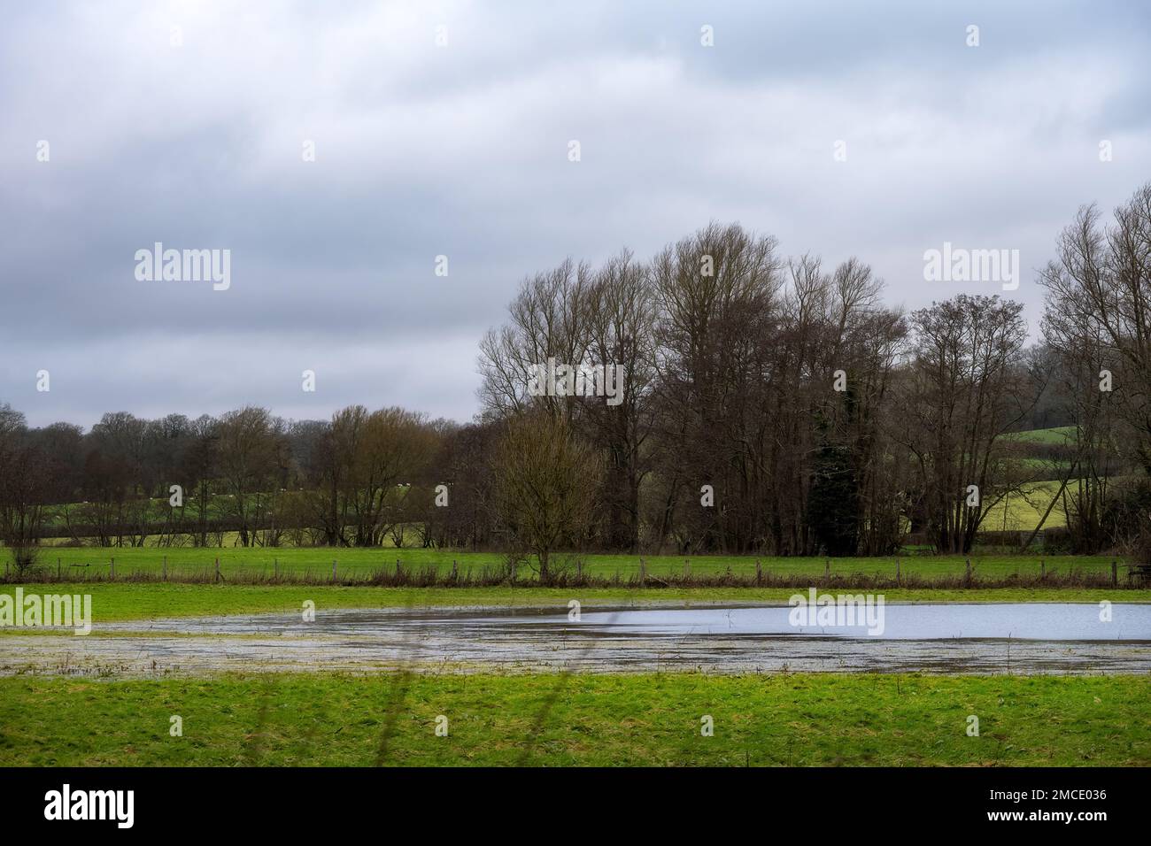 Flooded field on a winter day in Wealden, East Sussex, England Stock ...