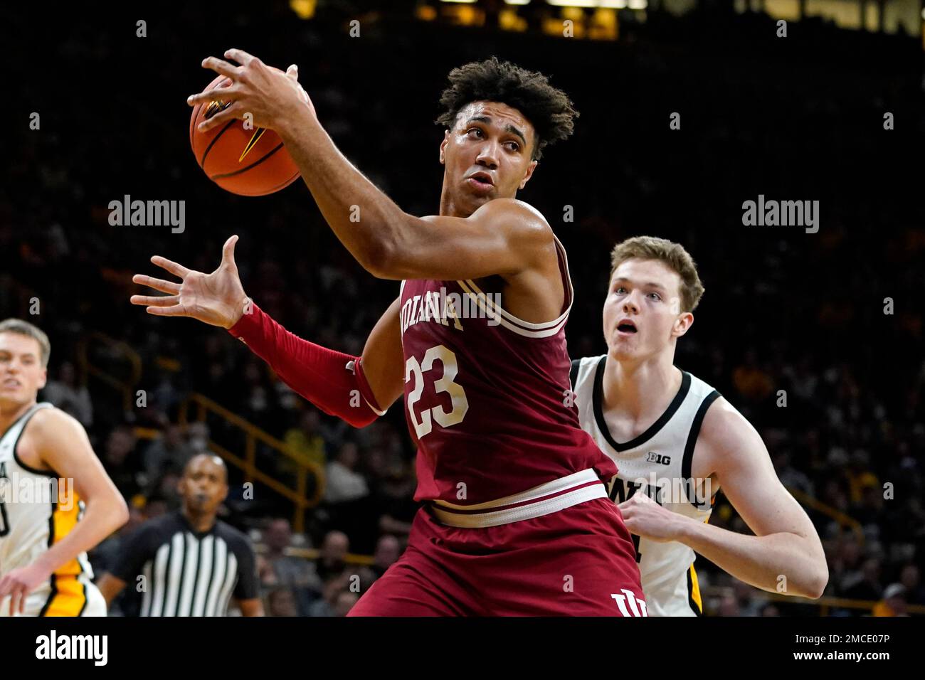 Indiana forward Trayce Jackson-Davis (23) catches a pass ahead of Iowa ...