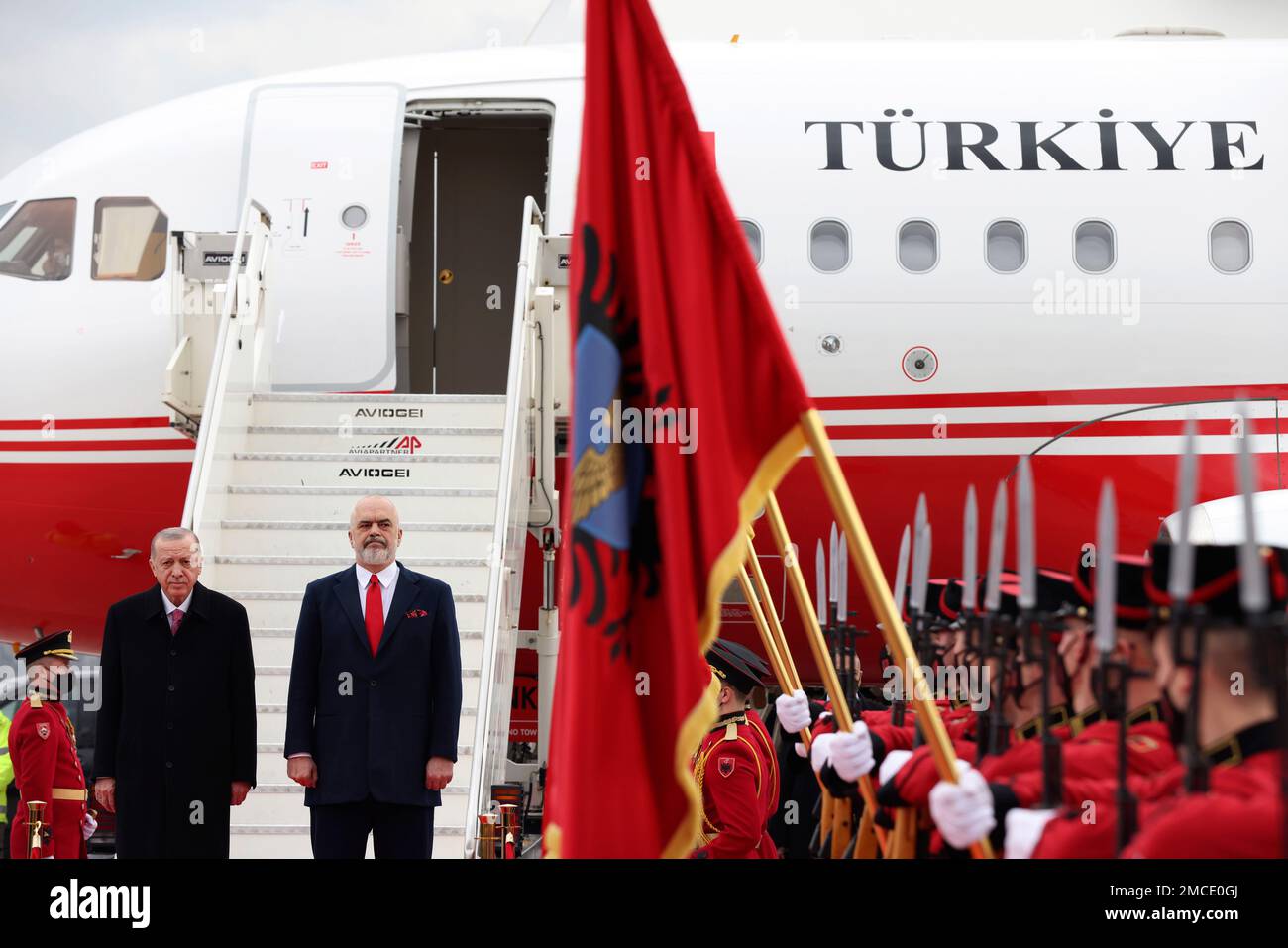 Albanian Prime Minister Edi Rama, right, welcomes the Turkish President ...