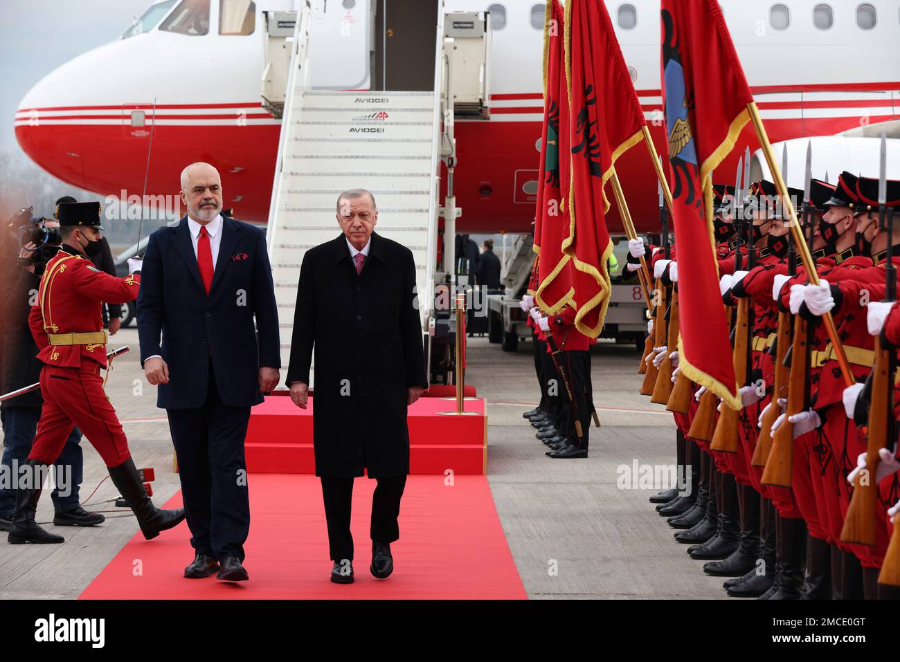 Albanian Prime Minister Edi Rama, left, and the Turkish President Recep ...