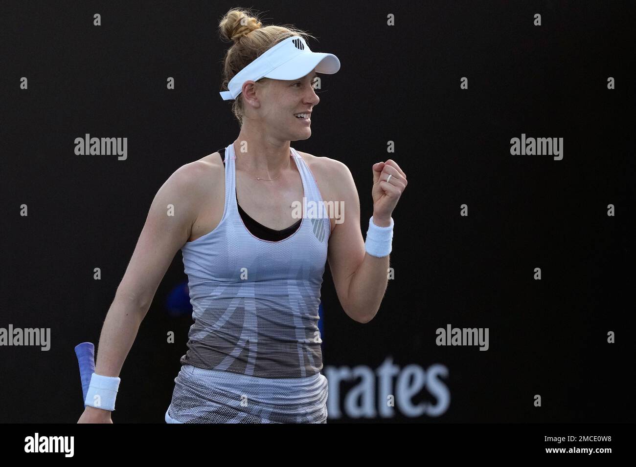 Alison Riske of the U.S. reacts after defeating Donna Vekic of Croatia ...