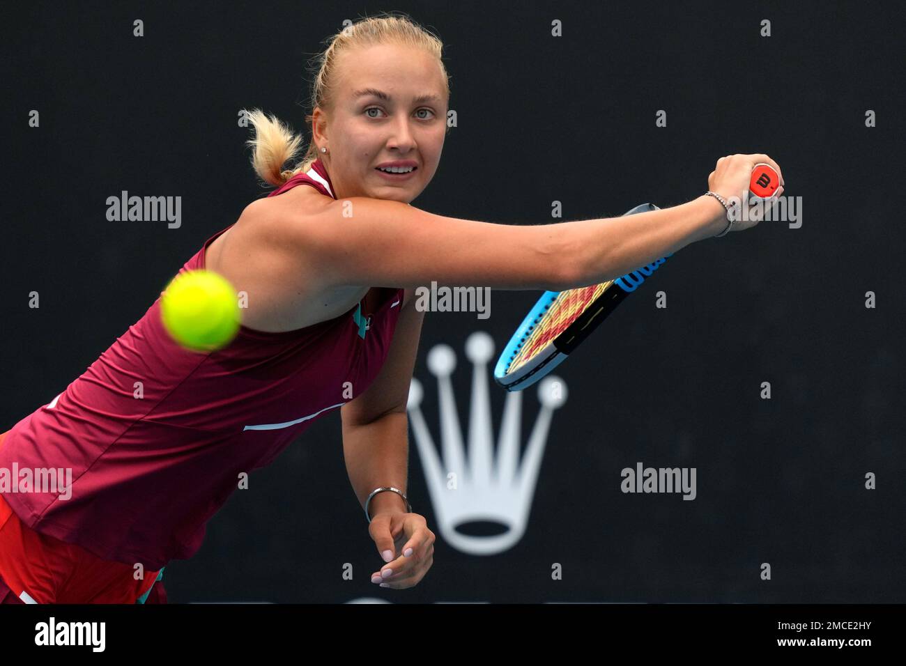 Anastasia Potapova of Russia plays a backhand return to Camila Giorgi ...