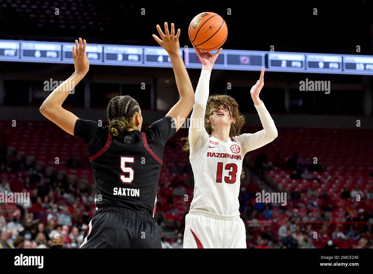 Arkansas guard Sasha Goforth (13) shoots over South Carolina forward ...