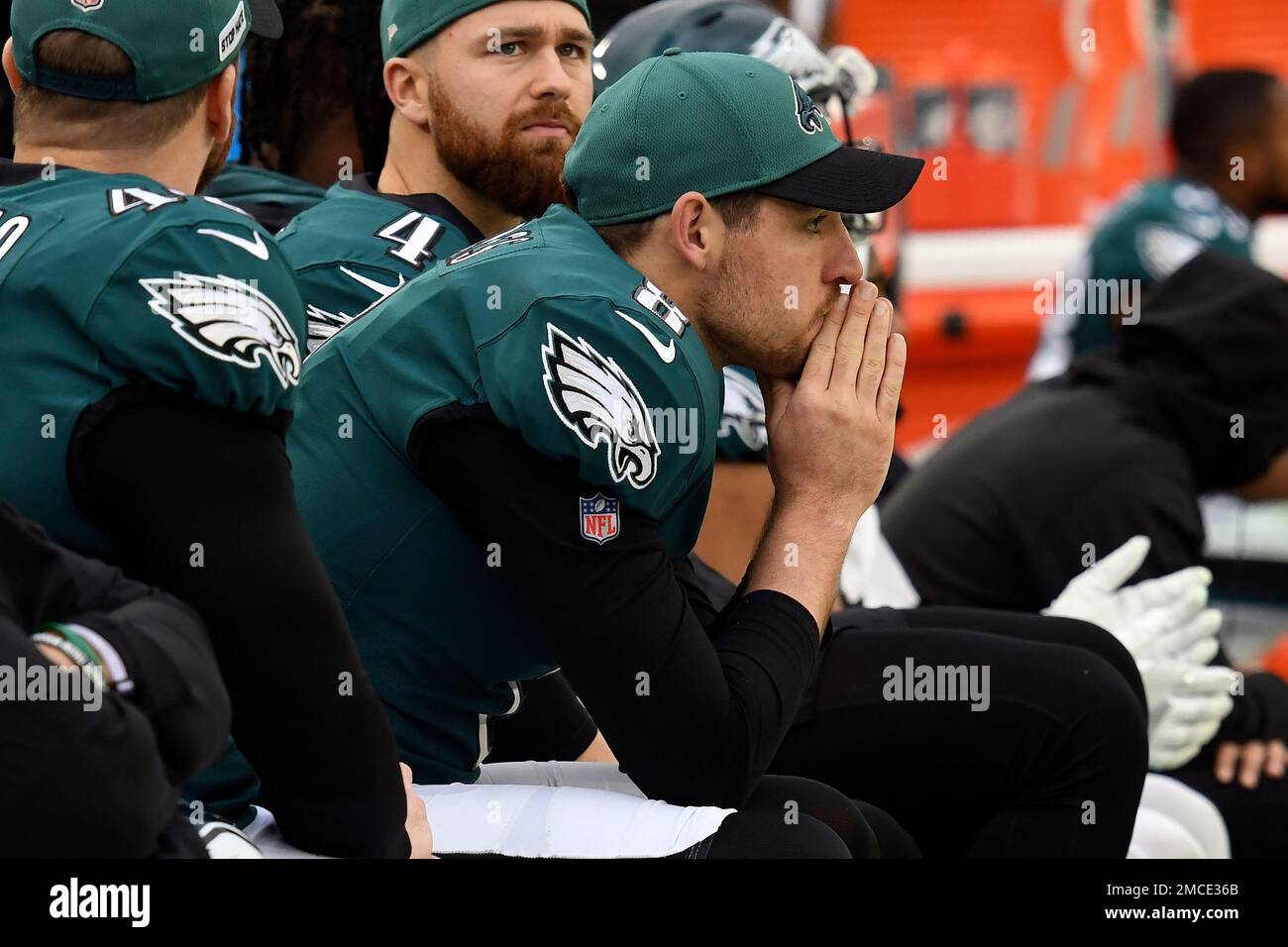 Philadelphia Eagles punter Arryn Siposs reacts on the bench during the ...
