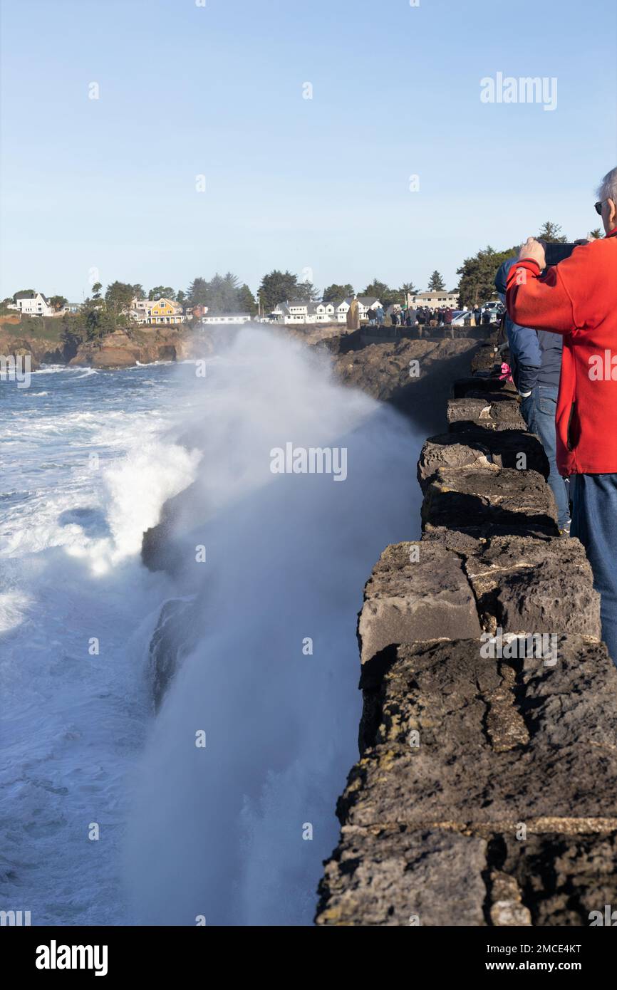 A huge spray of water caused by a winter storm and king tide in Lincoln ...