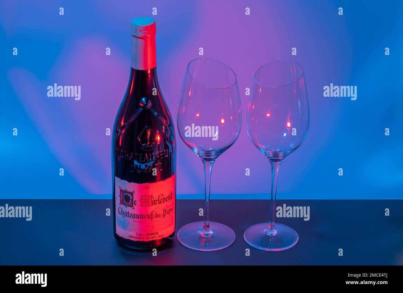 Close-up view of Le Hurlevent Châteauneuf-du-Pape French wine bottle ...
