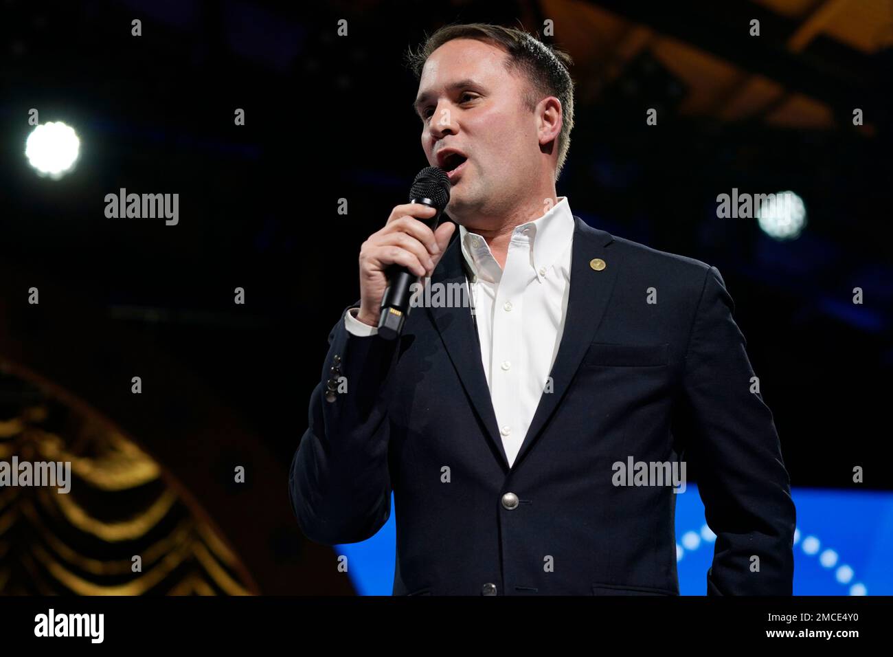 Virginia Attorney General Jason Miyares speaks to the crowd during an ...
