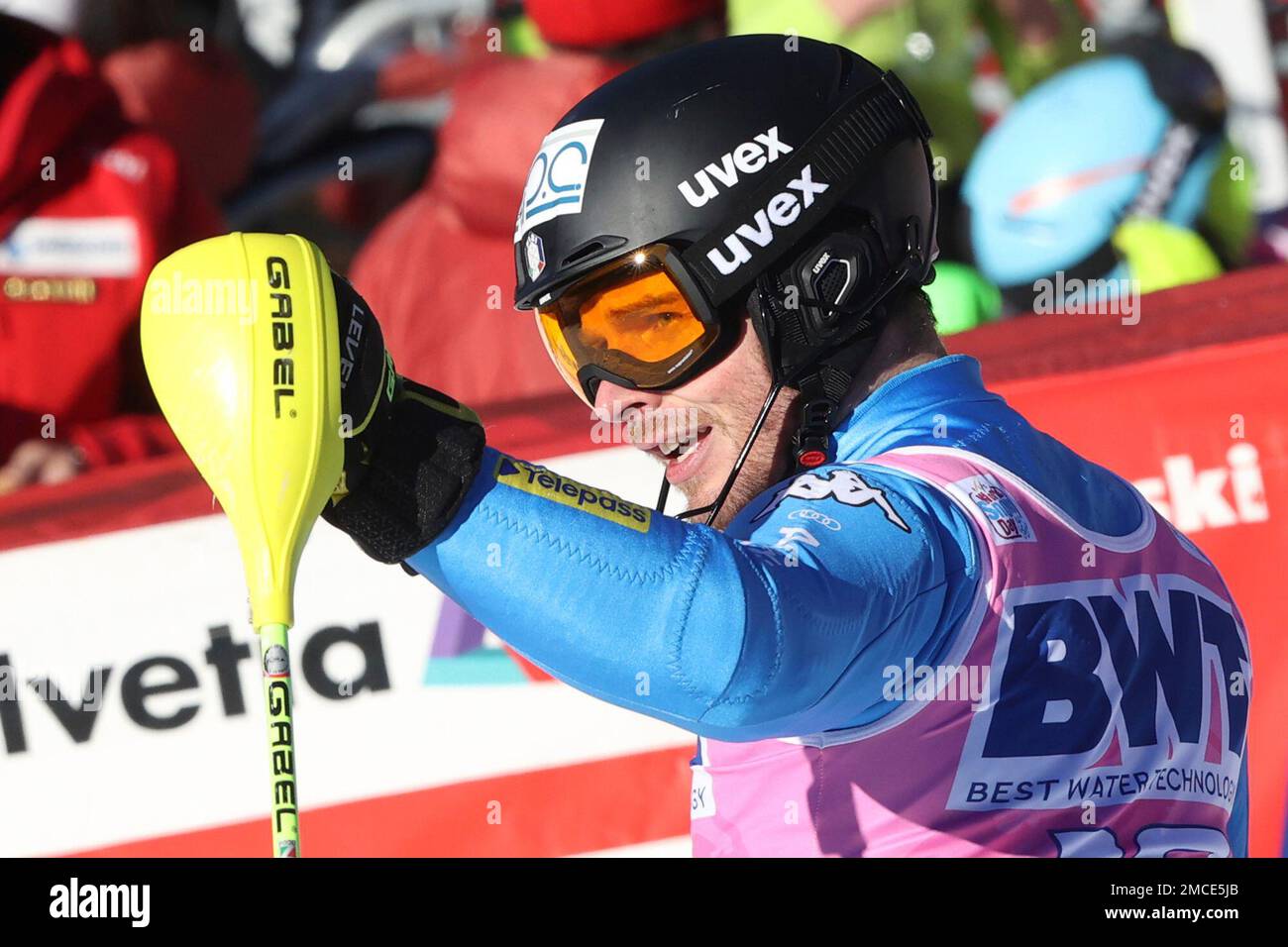 Italy's Giuliano Razzoli reacts at the finish area of an alpine ski ...