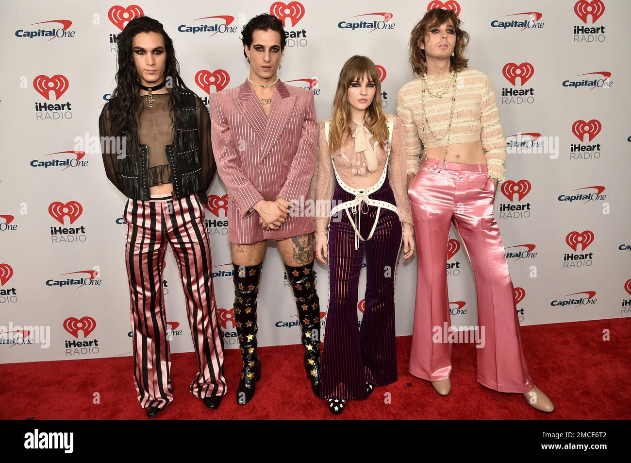 Ethan Torchio, from left, Damiano David, Victoria De Angelis and Thomas Raggi, of Maneskin ...