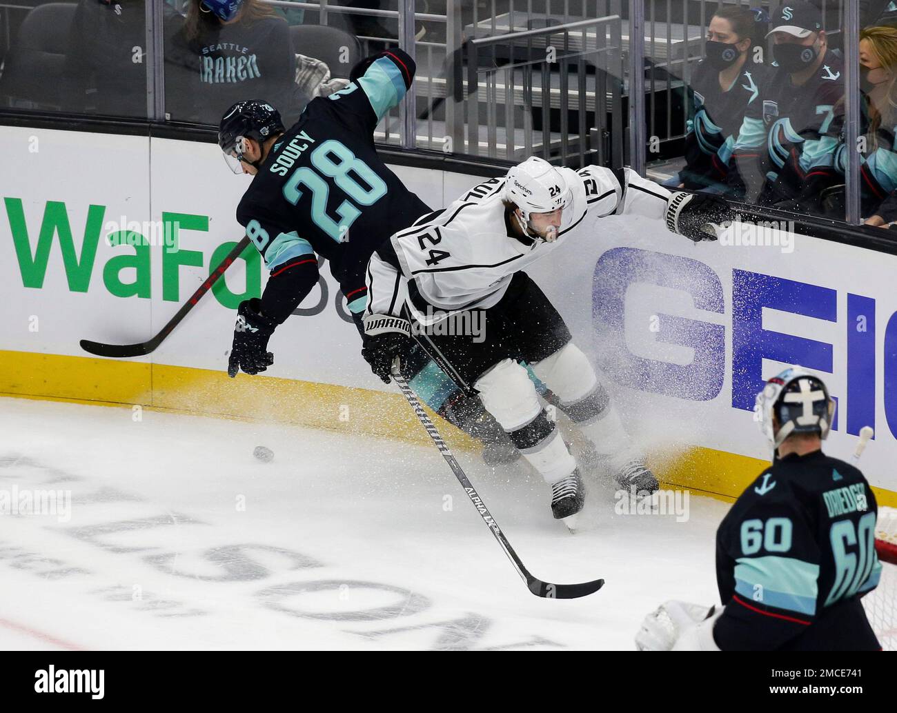 Seattle Kraken defenseman Carson Soucy (28) and Los Angeles Kings ...