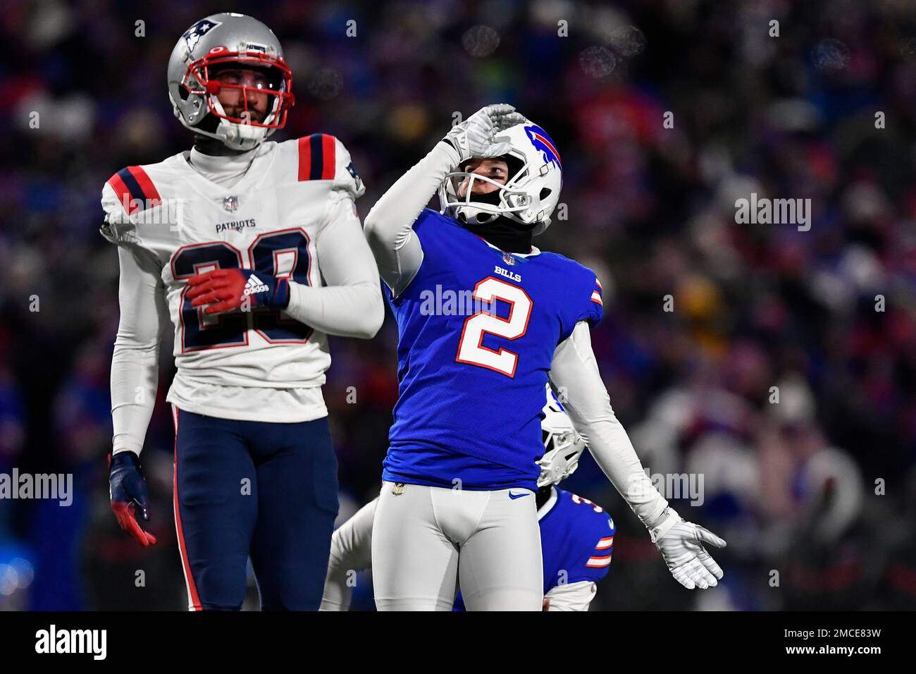 Buffalo Bills kicker Tyler Bass (2) watches his extra point kick during ...