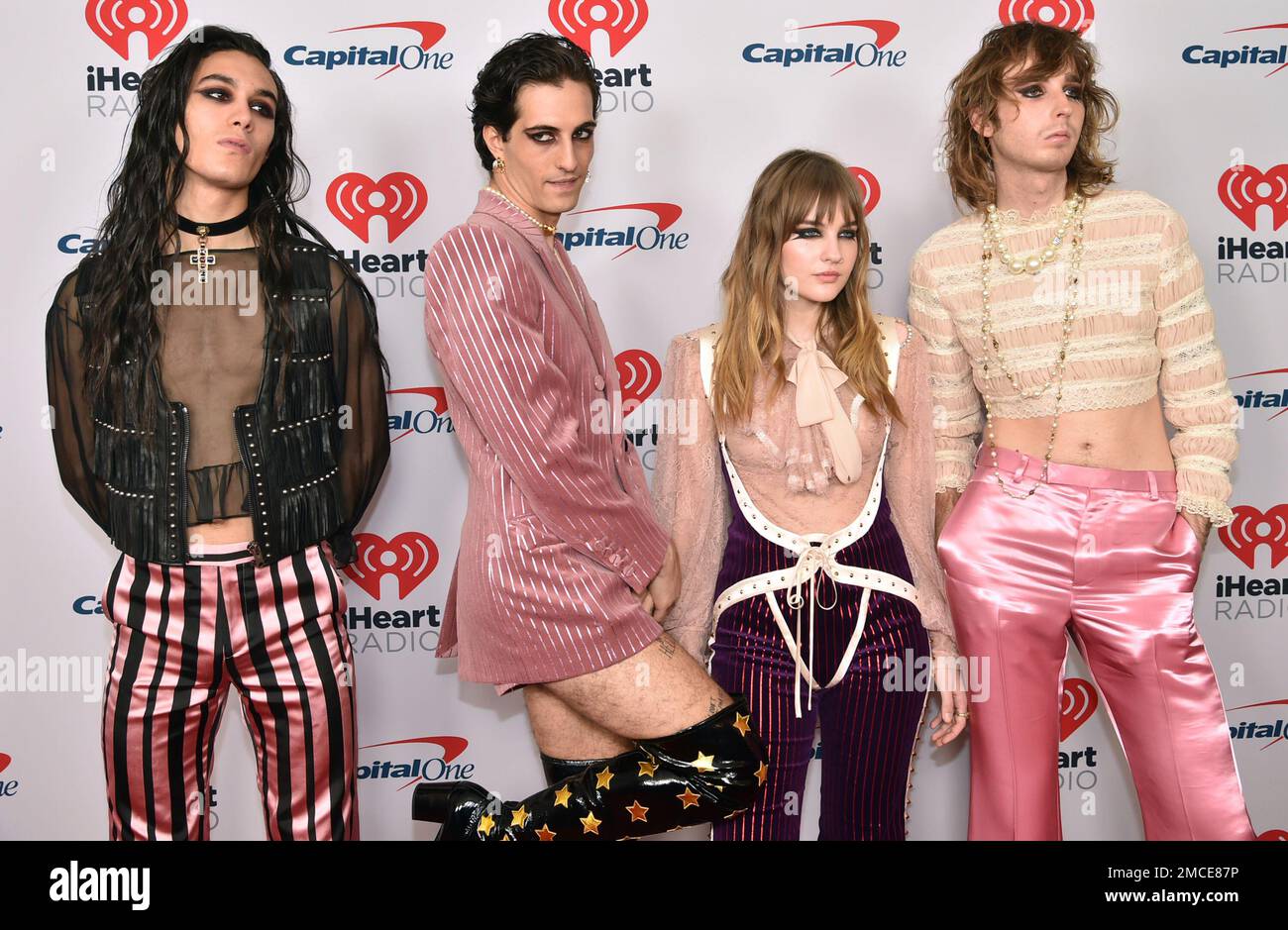 Ethan Torchio, from left, Damiano David, Victoria De Angelis and Thomas Raggi, of Maneskin ...