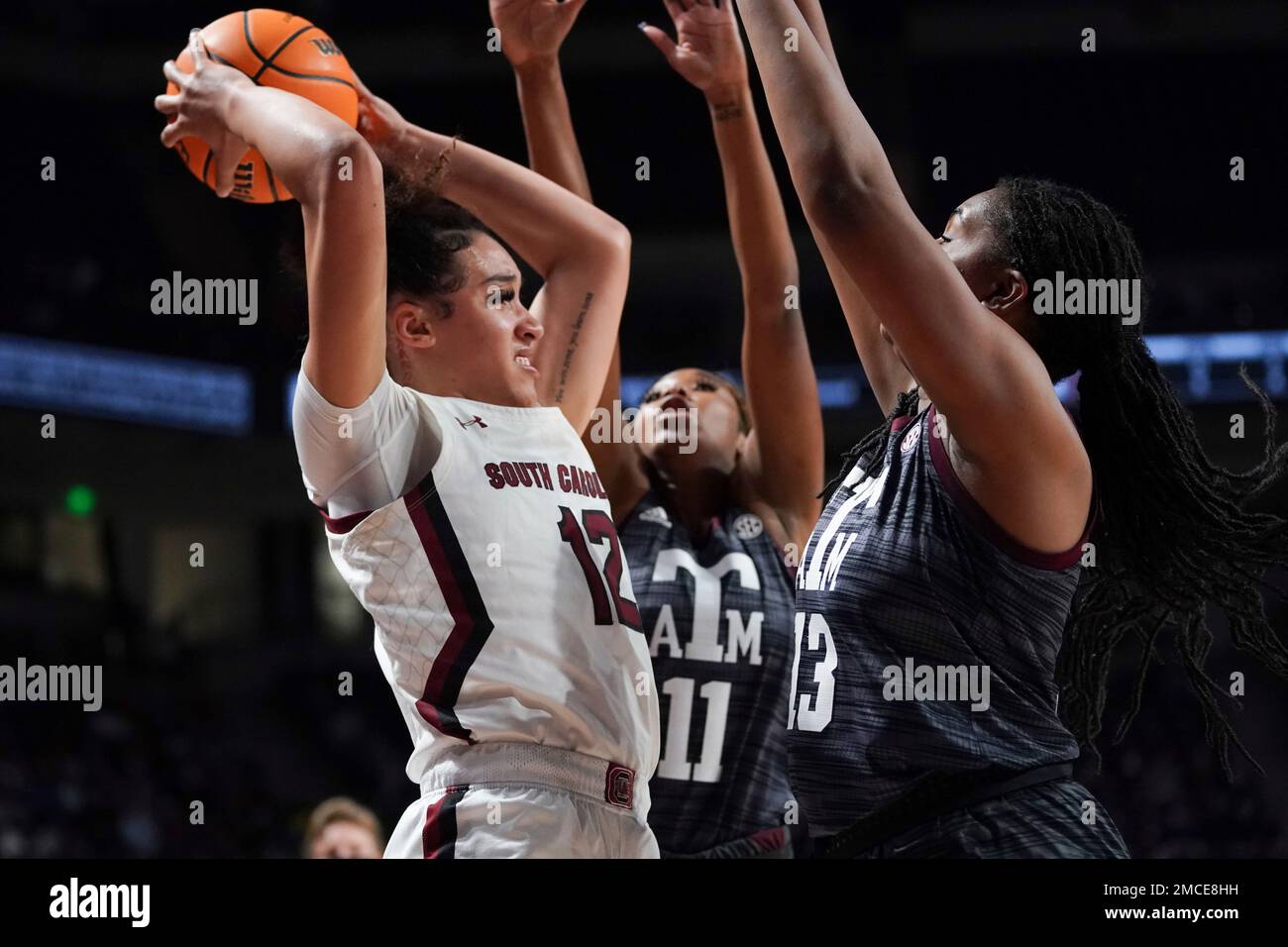South Carolina guard Brea Beal (12) is defended by Texas A&M forward ...