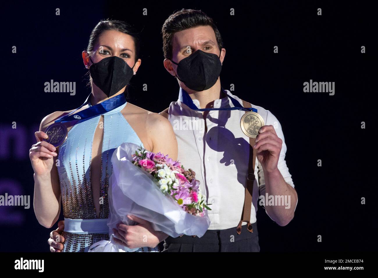 Charlene Guignard and Marco Fabbri of Italy pose with bronze medals ...