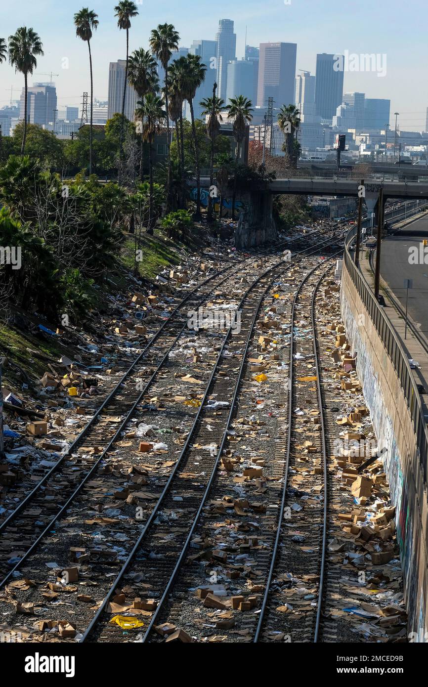 Shredded boxes and packages are seen at a section of the Union Pacific ...
