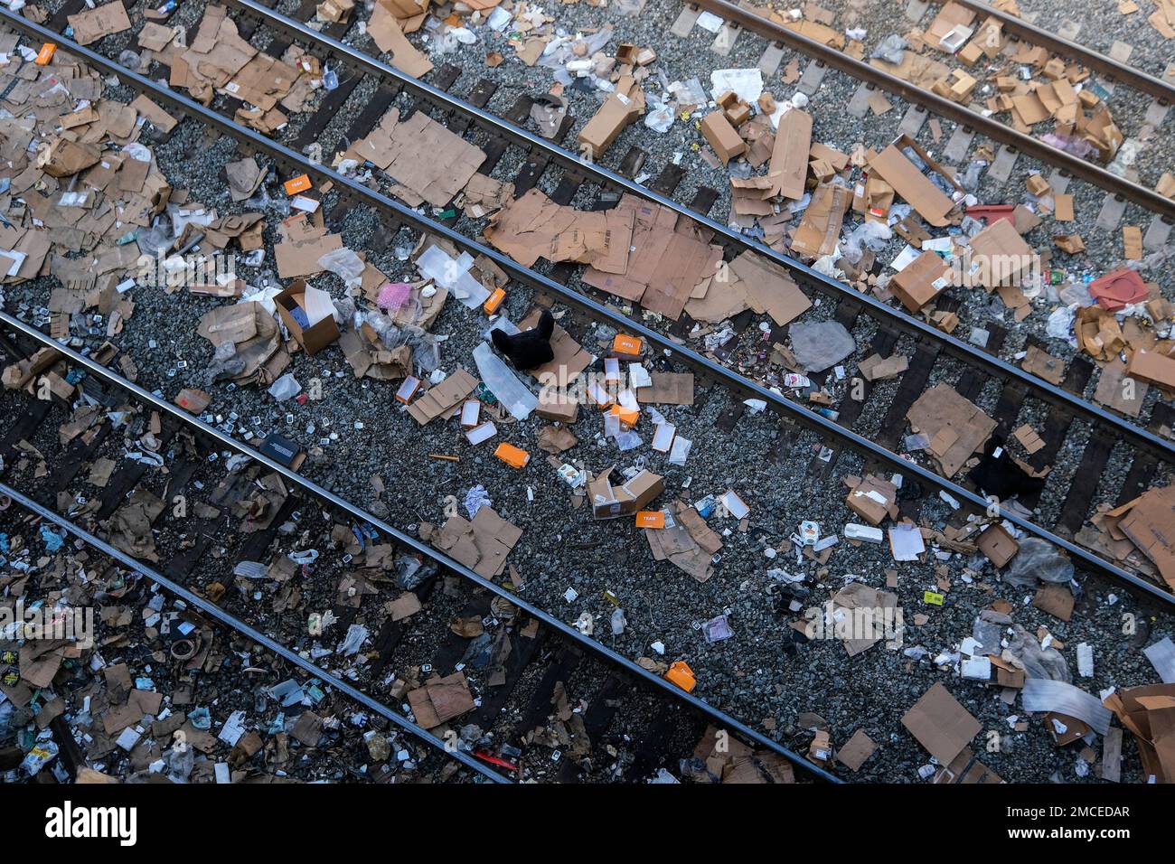 Shredded boxes and packages are seen at a section of the Union Pacific ...