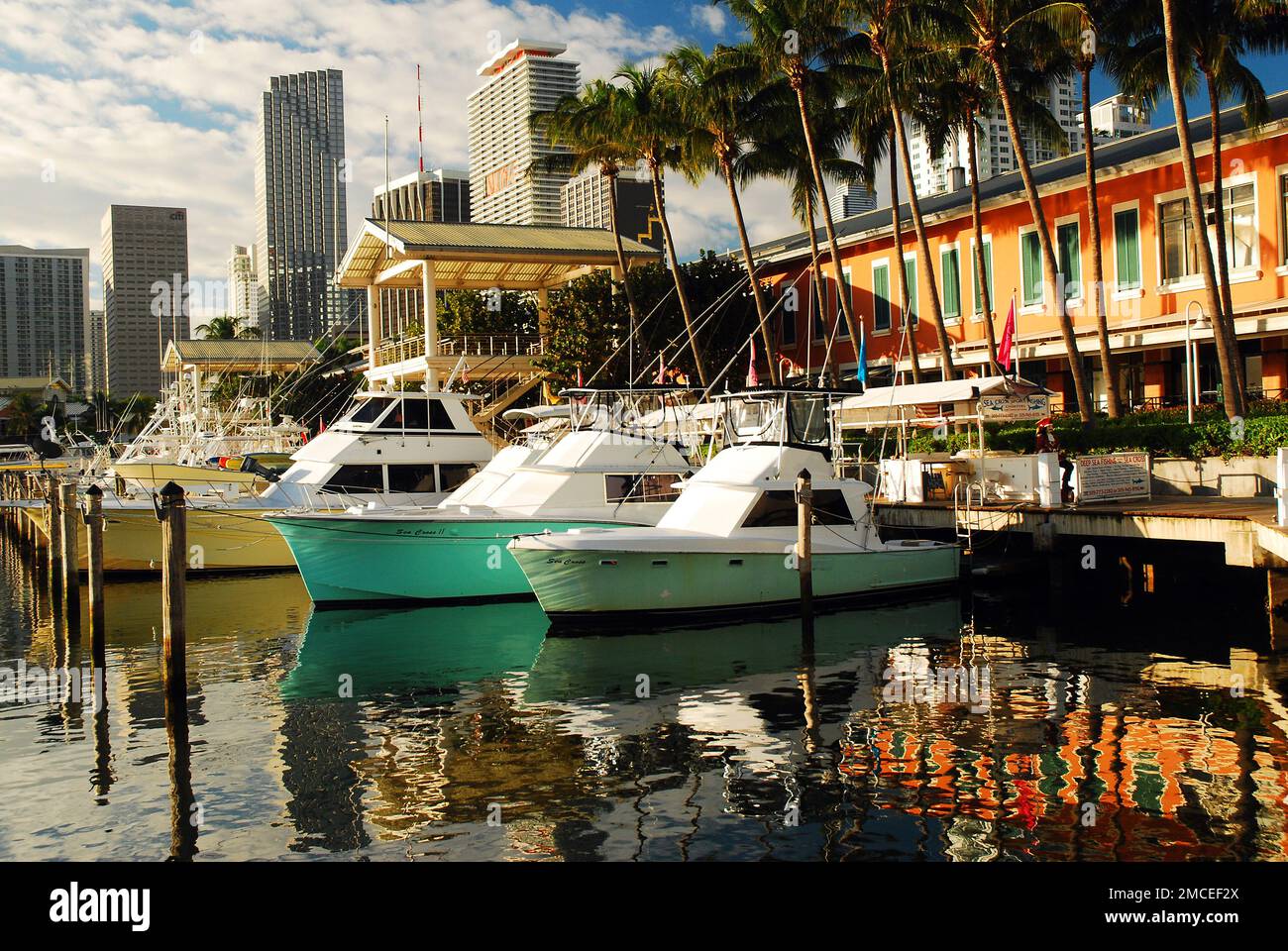 Boats are docked at the Harbor in the Bayside Marina, Miami, Florida ...