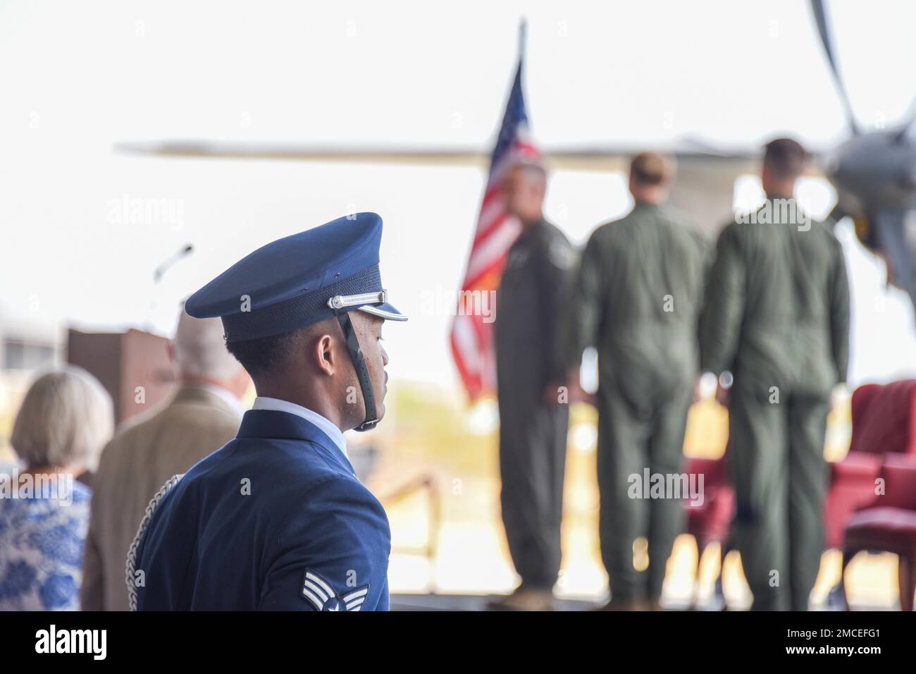 Honor guard members await posting during a change of command ceremony ...