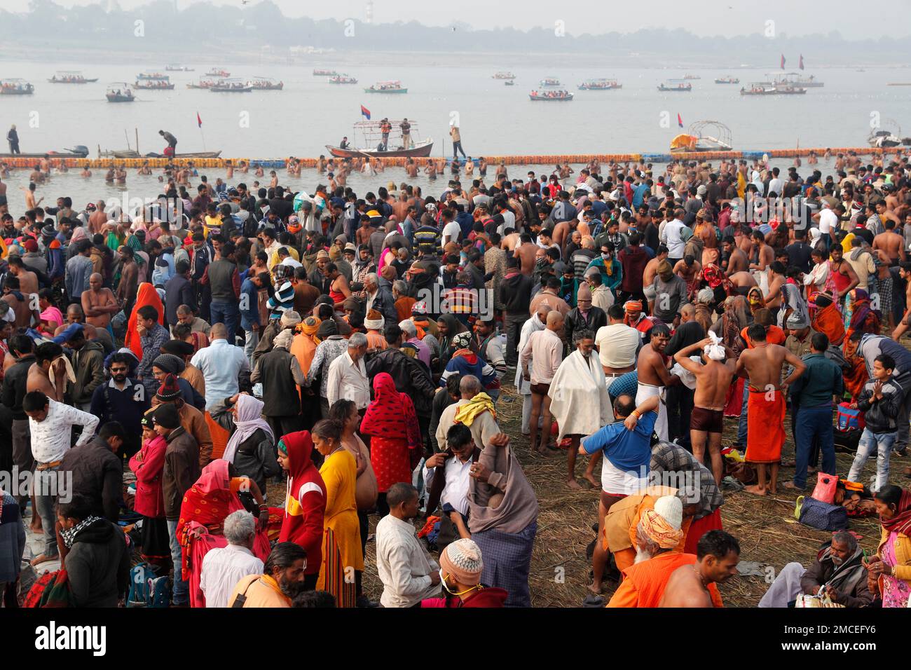 Hindu devotees crowd the Sangam, the confluence of three rivers — the ...