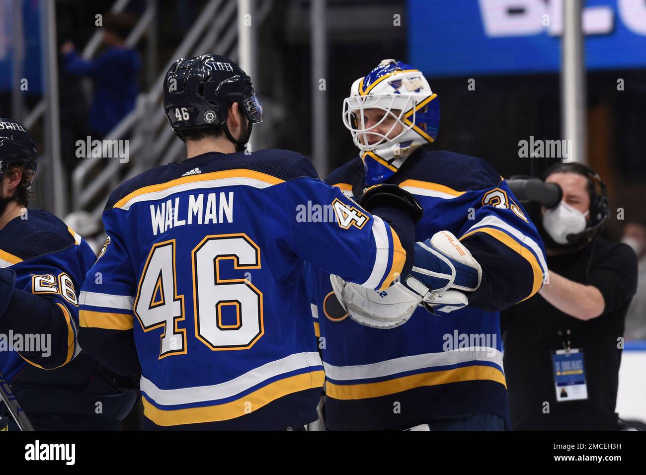 St. Louis Blues defenseman Jake Walman (46) and Blues goaltender Ville ...