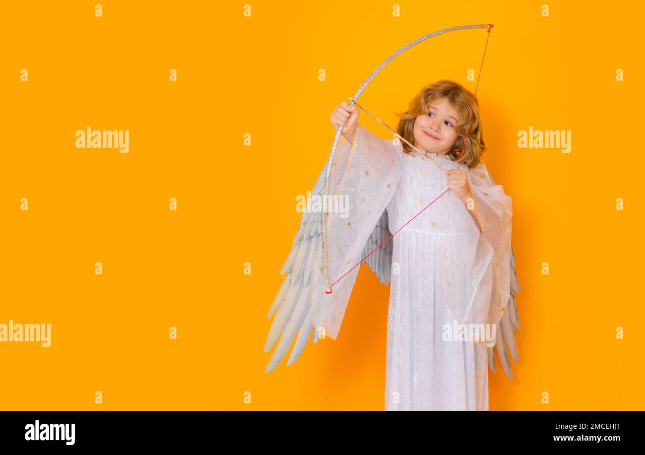 Banner. Little angel with bow and arrow. Cute angel child, studio ...
