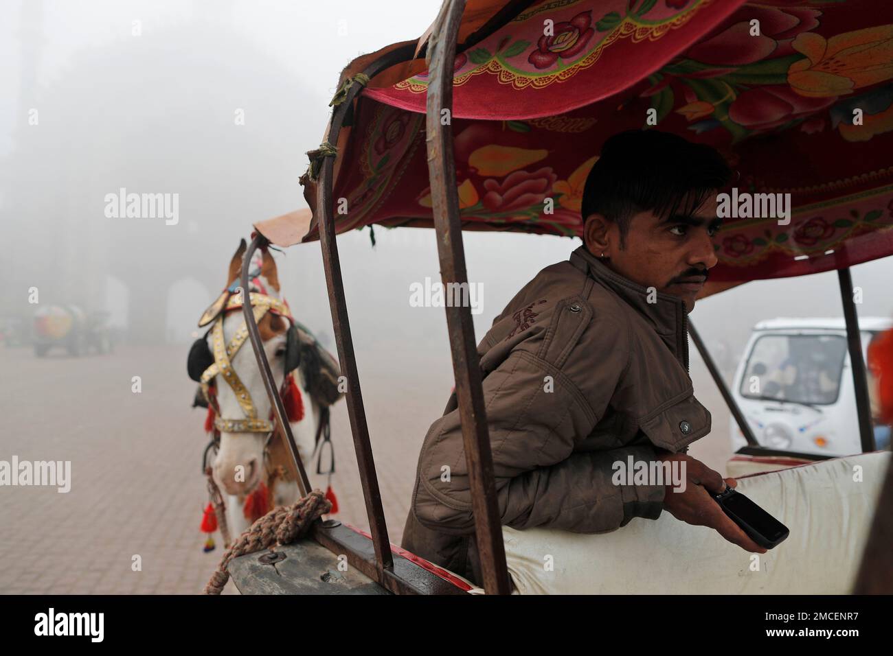A man sits on a rickshaw surrounded by fog in Lucknow, in the northern ...