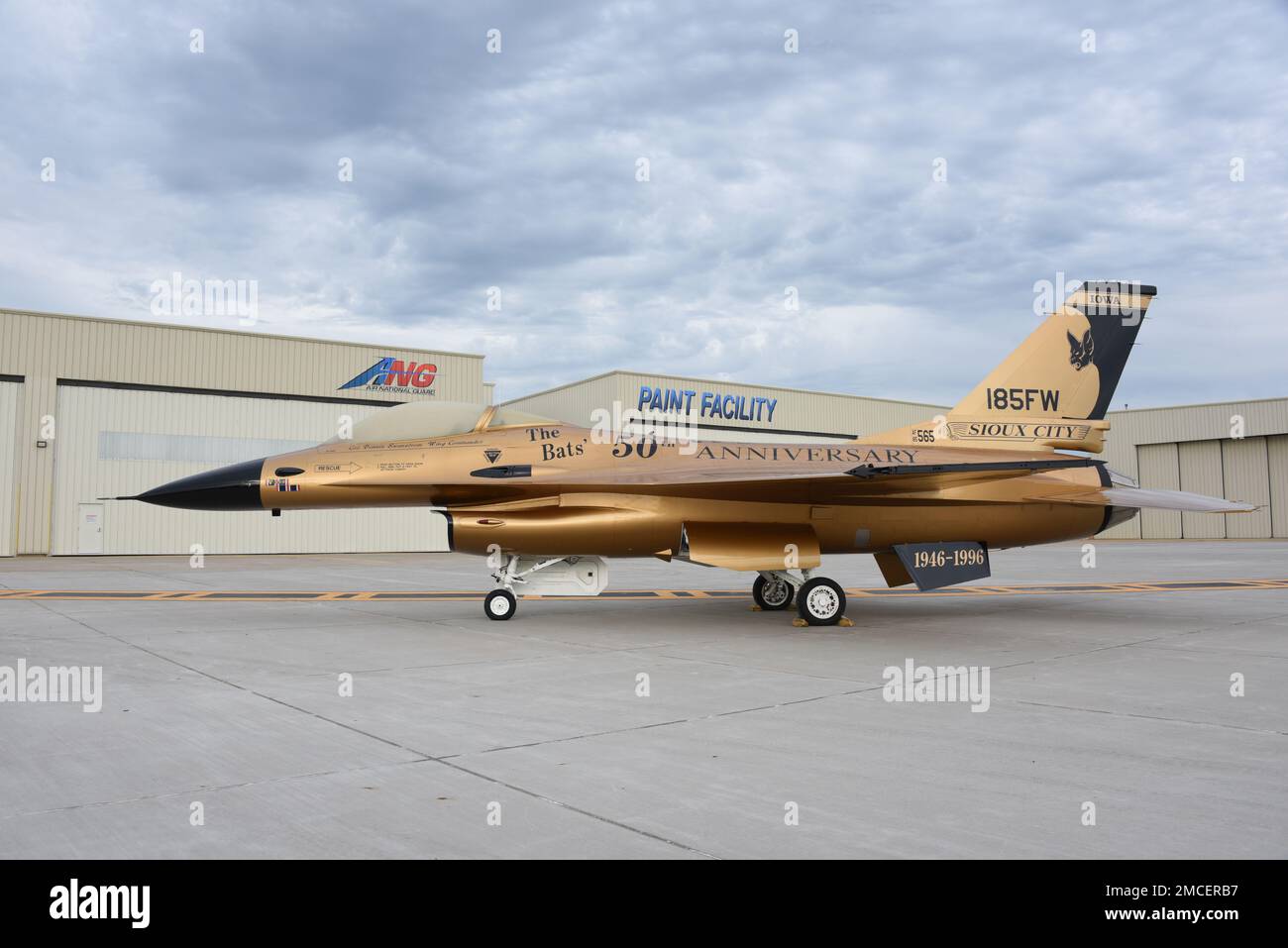 A gold U.S. Air Force F-16A Falcon from the Iowa Air National Guard is ...