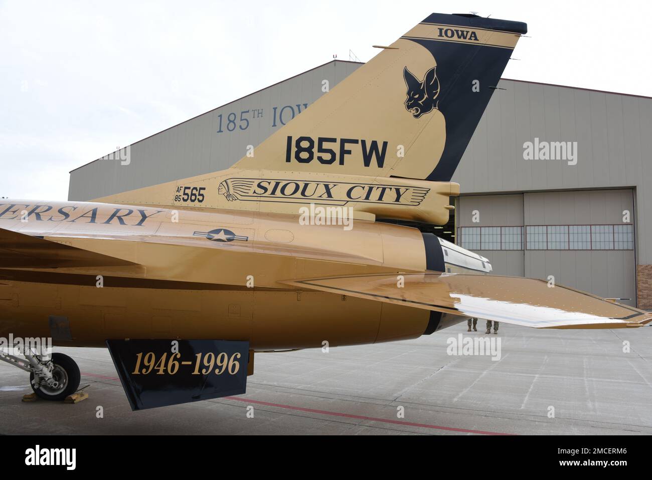 A gold U.S. Air Force F-16A Falcon from the Iowa Air National Guard is ...