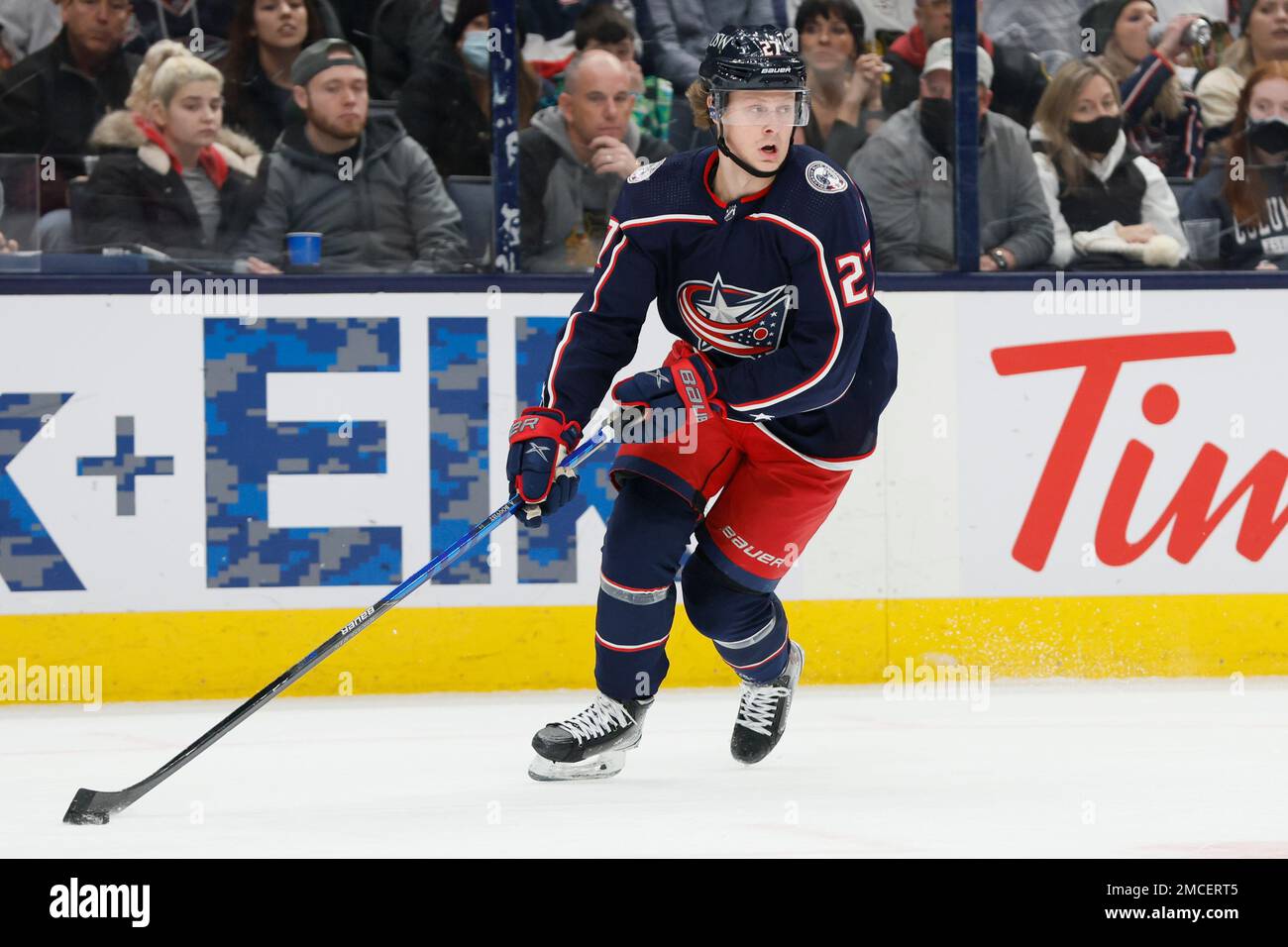 Columbus Blue Jackets' Adam Boqvist plays against the Chicago ...